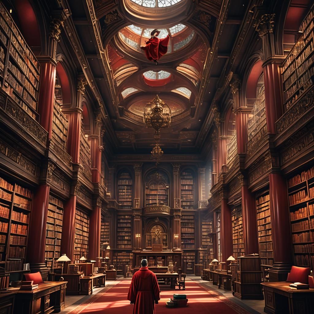 A librarian man with a red robe inside the a biggest library in the ...