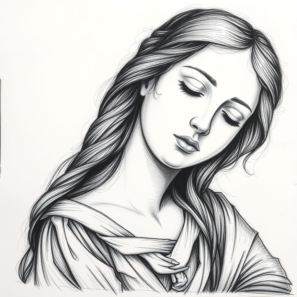 Mourning Beauty in Intricate Pen and Ink Detail - AI Art