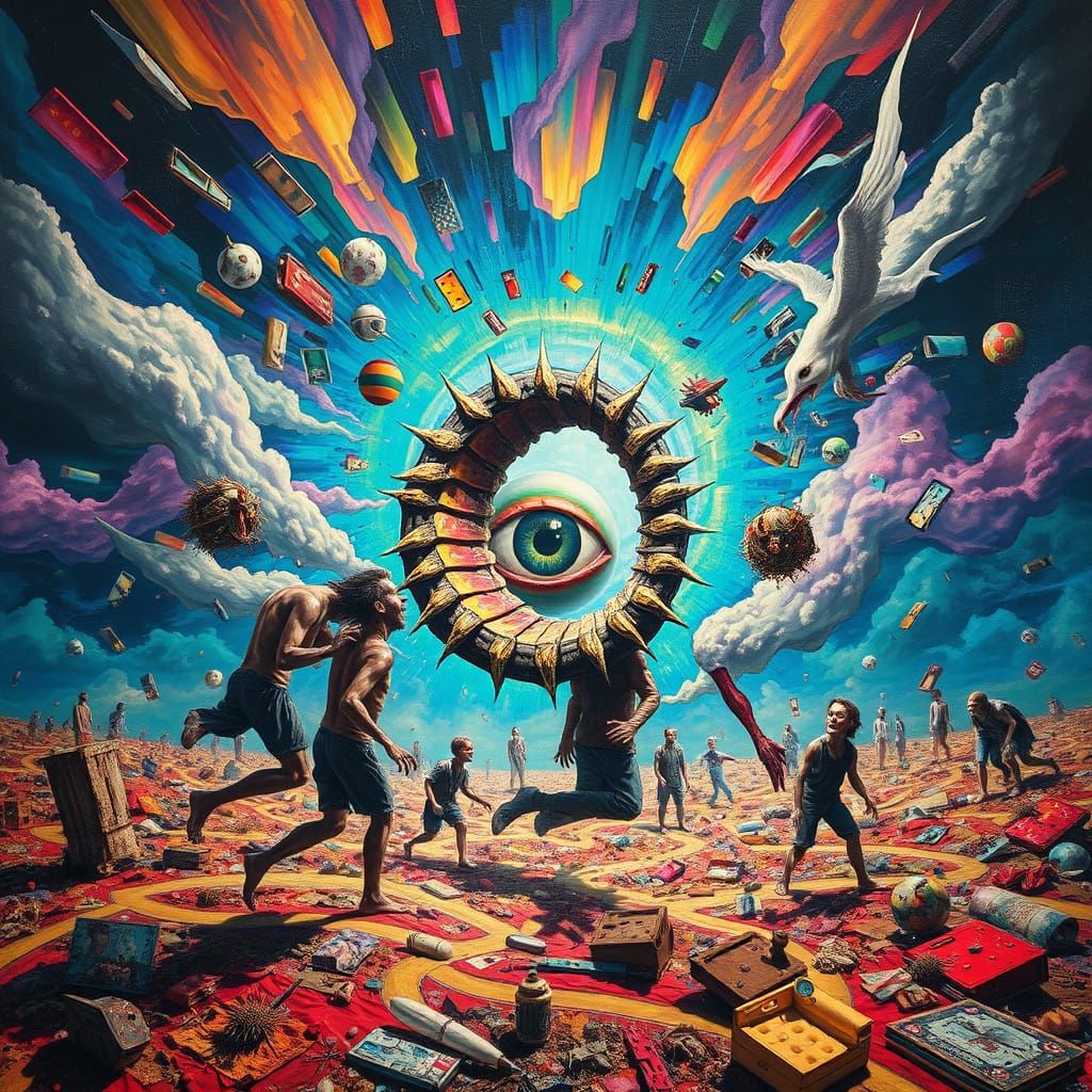 A chaotic, surreal nightmare where logic has abandoned reality: