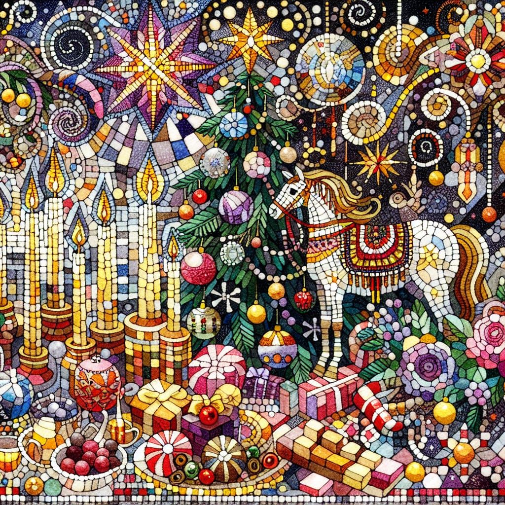 Gustav Klimt-Style Crochet Christmas Scene with Sa... - AI Art