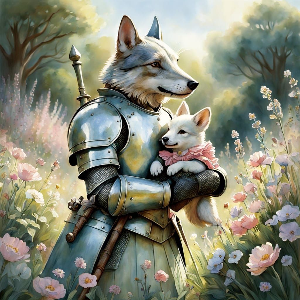Wolf Knight and pup - Whimsical Watercolor Knight with Wolf ...