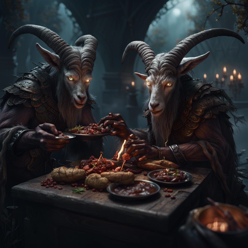 Goatmen eating human at goatmen bridge evil background - AI Generated ...