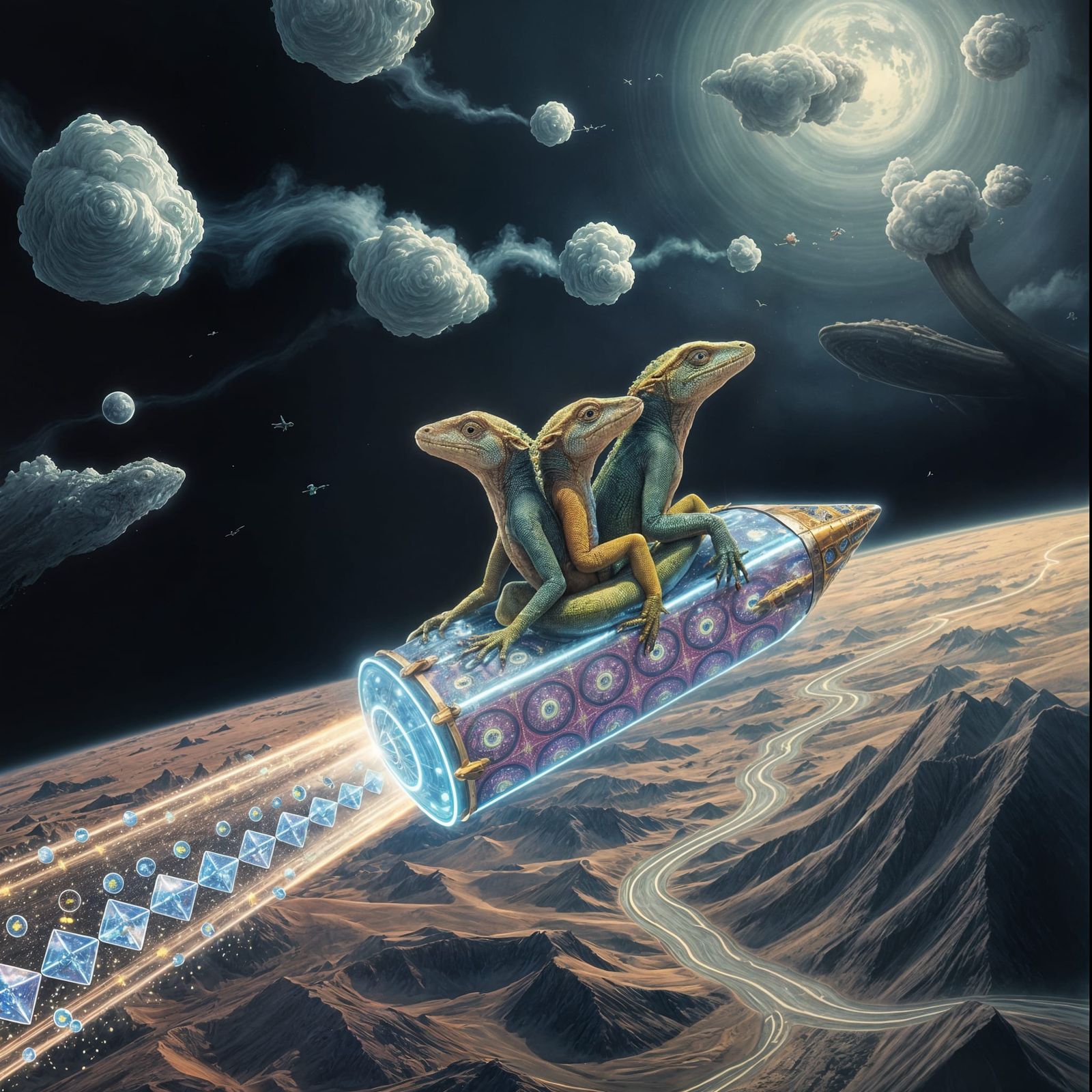 A lizard humanoid family flying home in their anti gravity radio ...