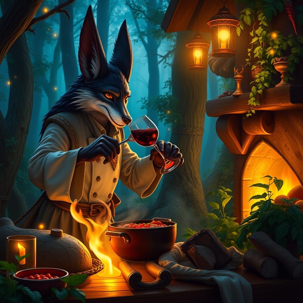 Cooking with wine. - Mystical Chef in Whimsical Forest Abode
