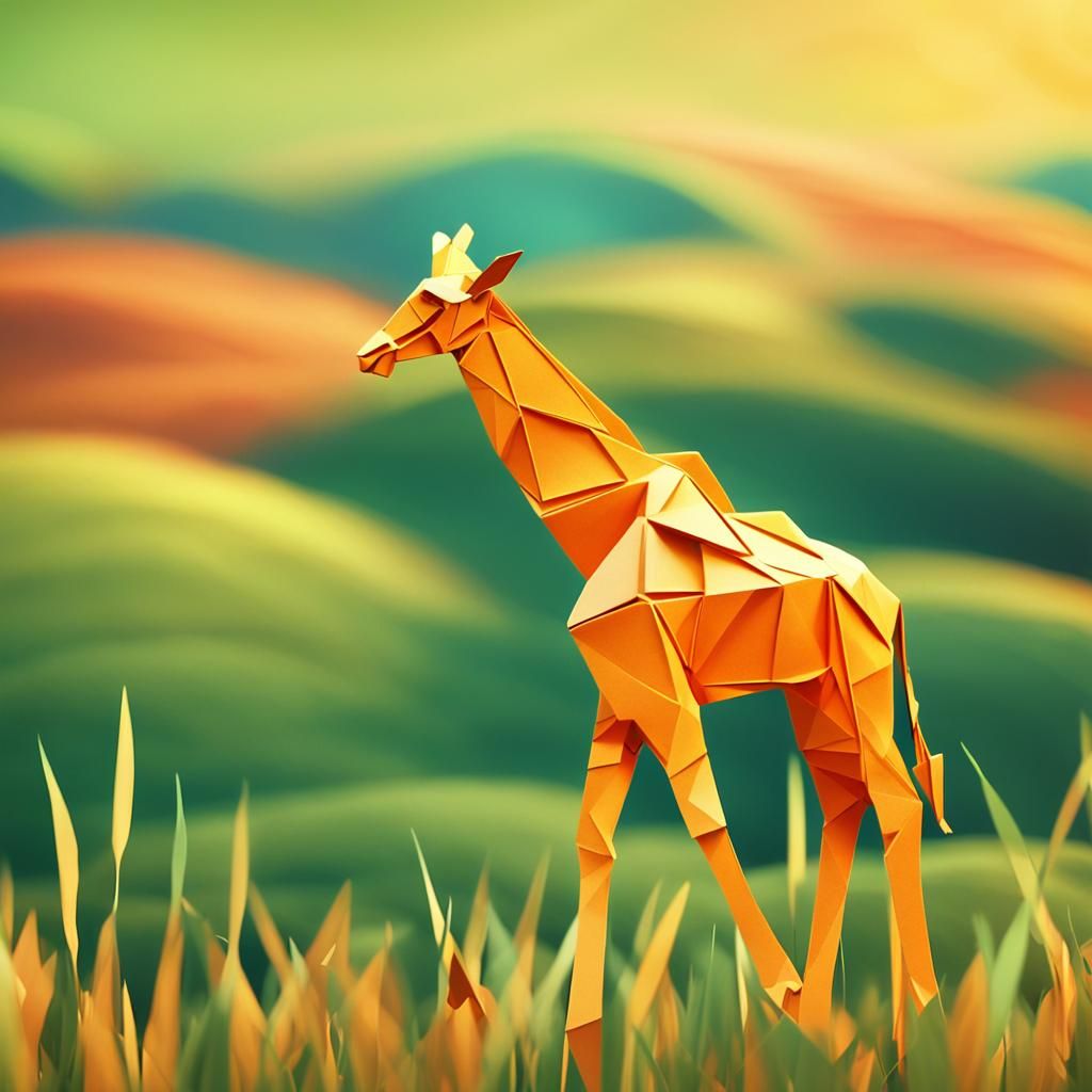 a smiling origami giraffe striding through the serengeti, the rising ...