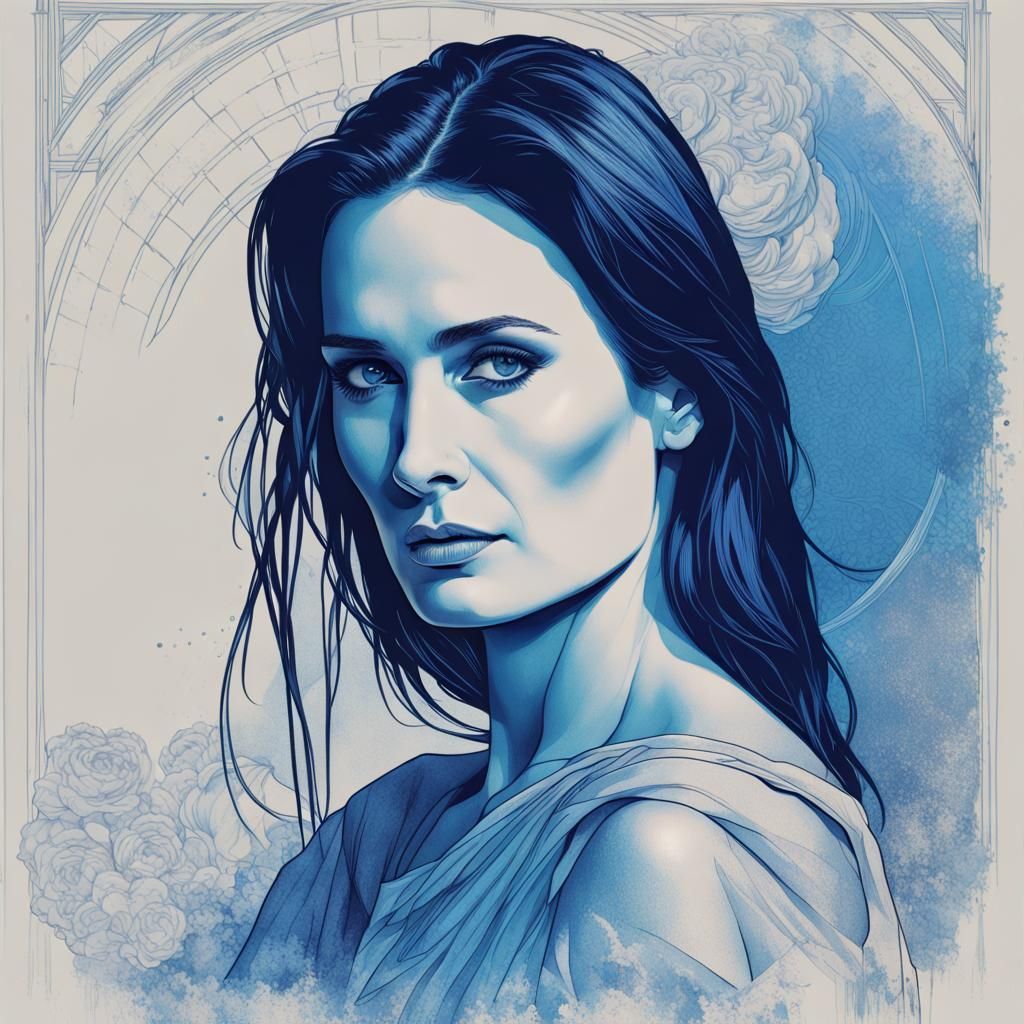 Full body Portrait of Demi Moore , drama movie posters, ink blue draw ...