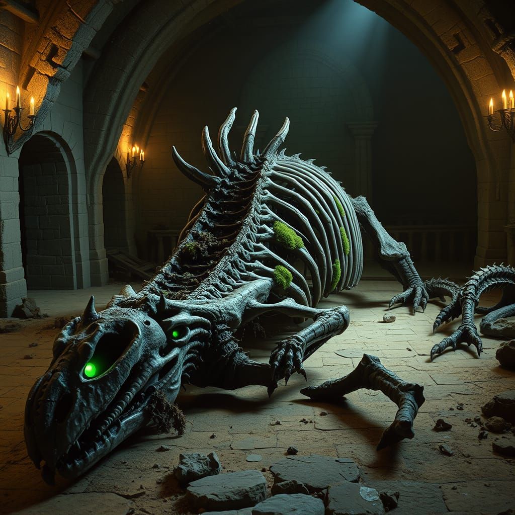Colossal Undead Dragon Remains in Ancient Crypt - AI Art