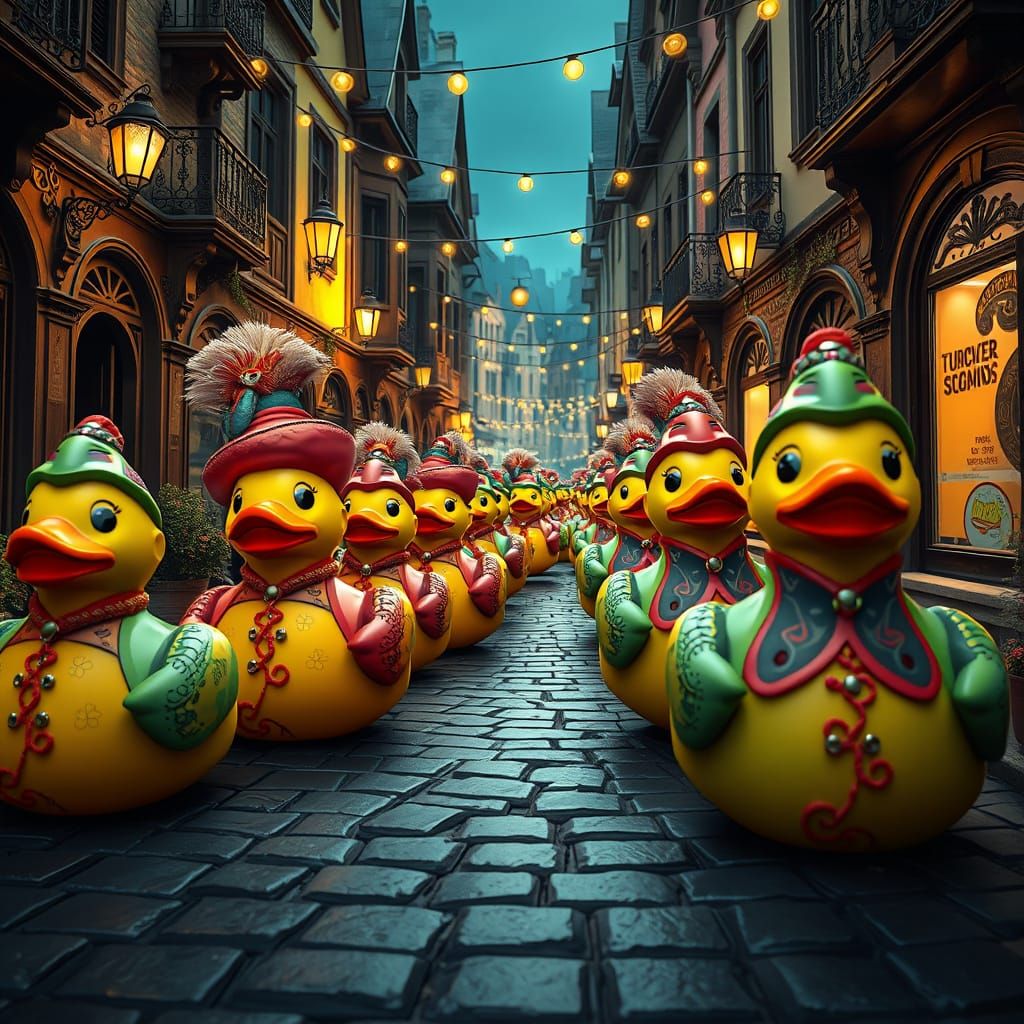Fantastical Rubber Duck Parade in Whimsical Street... - AI Art