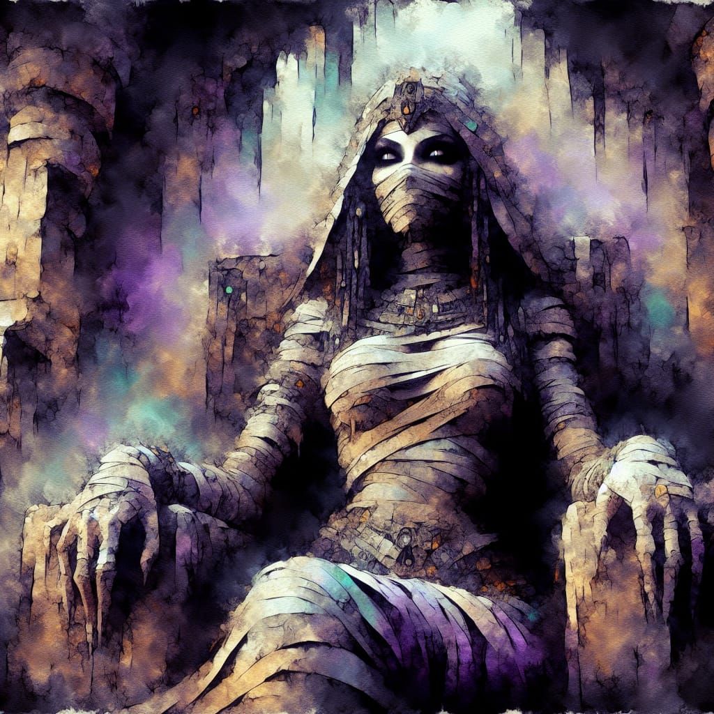 mummy sitting on a throne - Mysterious Mummy Queen in Dark ...