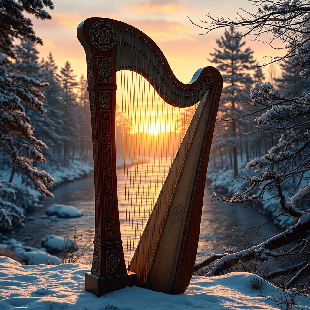 Majestic Ancient Irish Harp in Snowy Pine Forest a... - AI Art