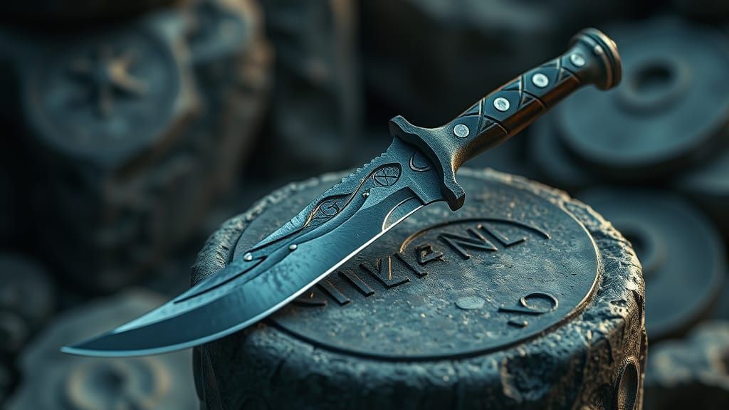 Ancient Dagger in Ethereal Glow on Weathered Stone - AI Art