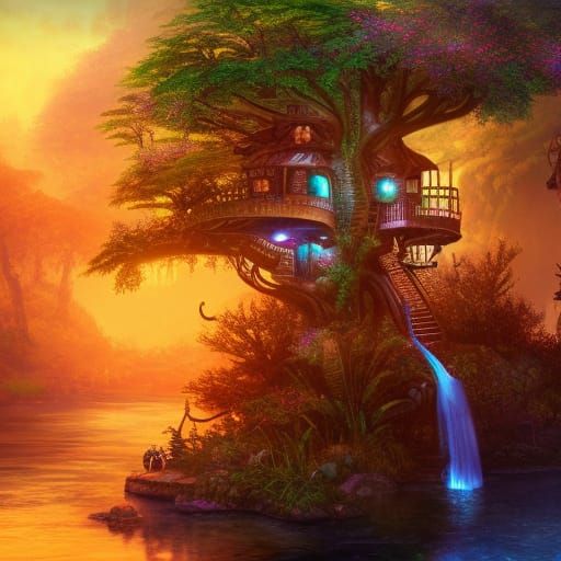 Waterfall Treehouse Sunset - AI Generated Artwork - NightCafe Creator