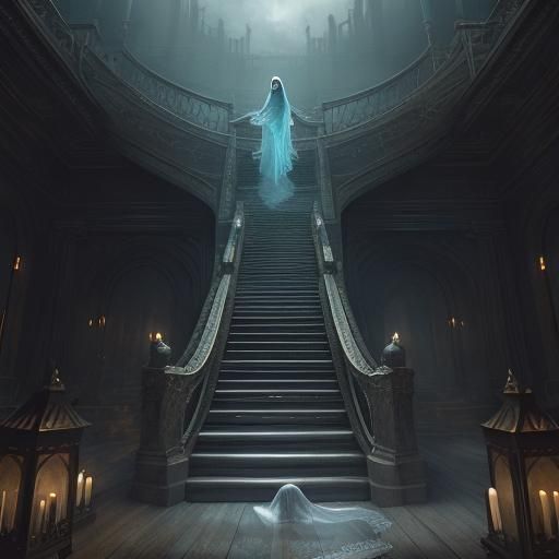 portrait of a transparent female ghost floating down a staircase Epic ...