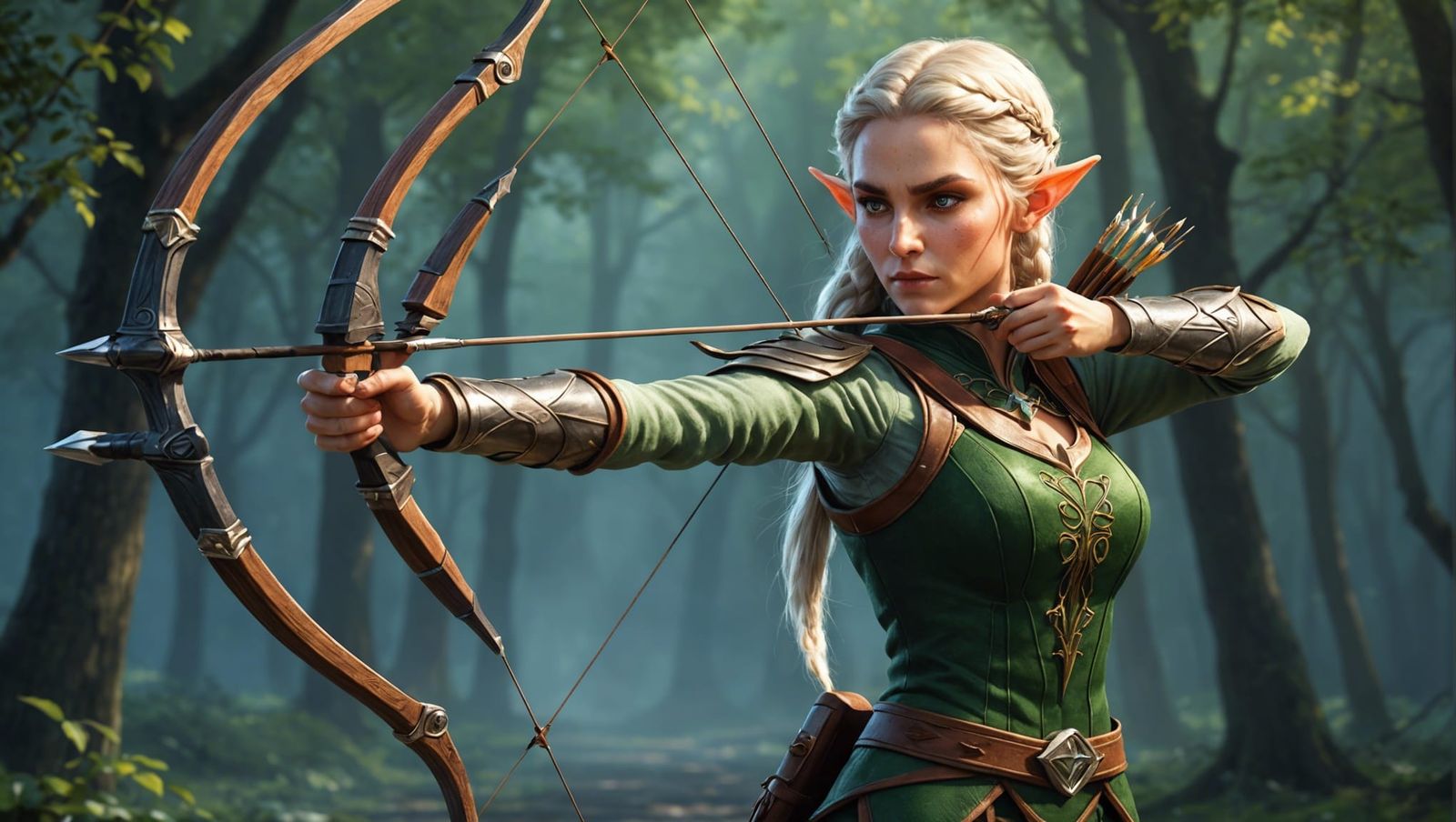Dynamic illustrations of a pretty female elf archer in action of ...