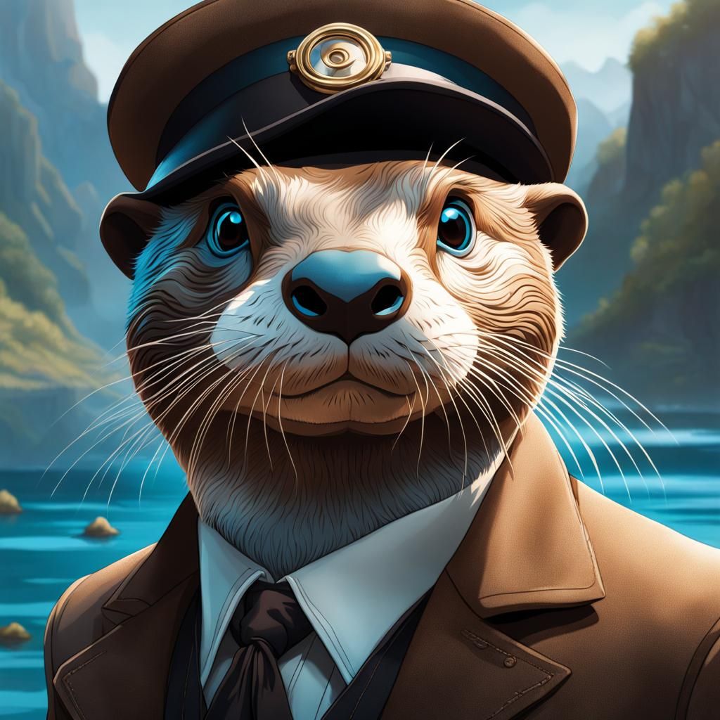 Hyperrealistic portrait of a humanoid otter thief. blend of rich browns ...
