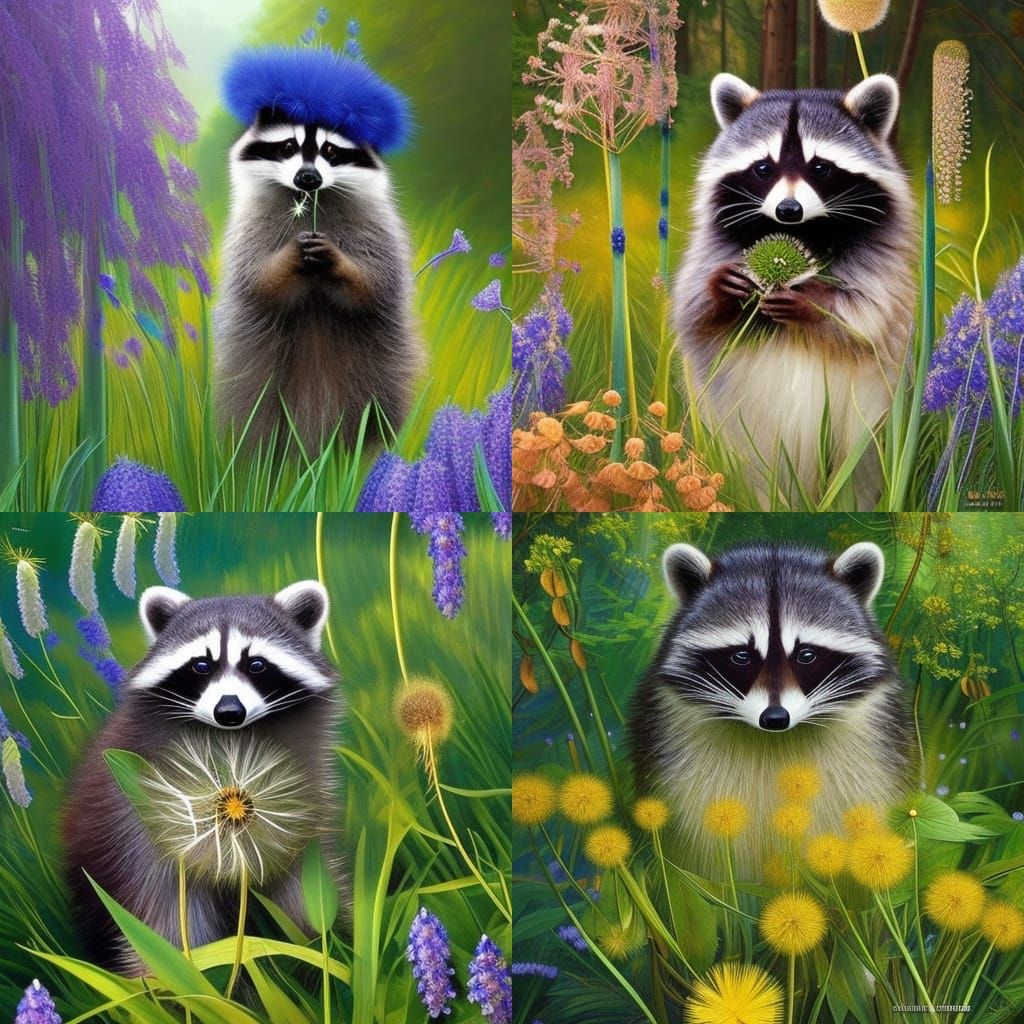 Cute fluffy raccoon holding a dandelion clock wearing a bluebell hat ...