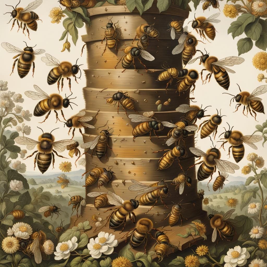 Bees gather around a hive in tree. Albrecht Dürer and John James ...