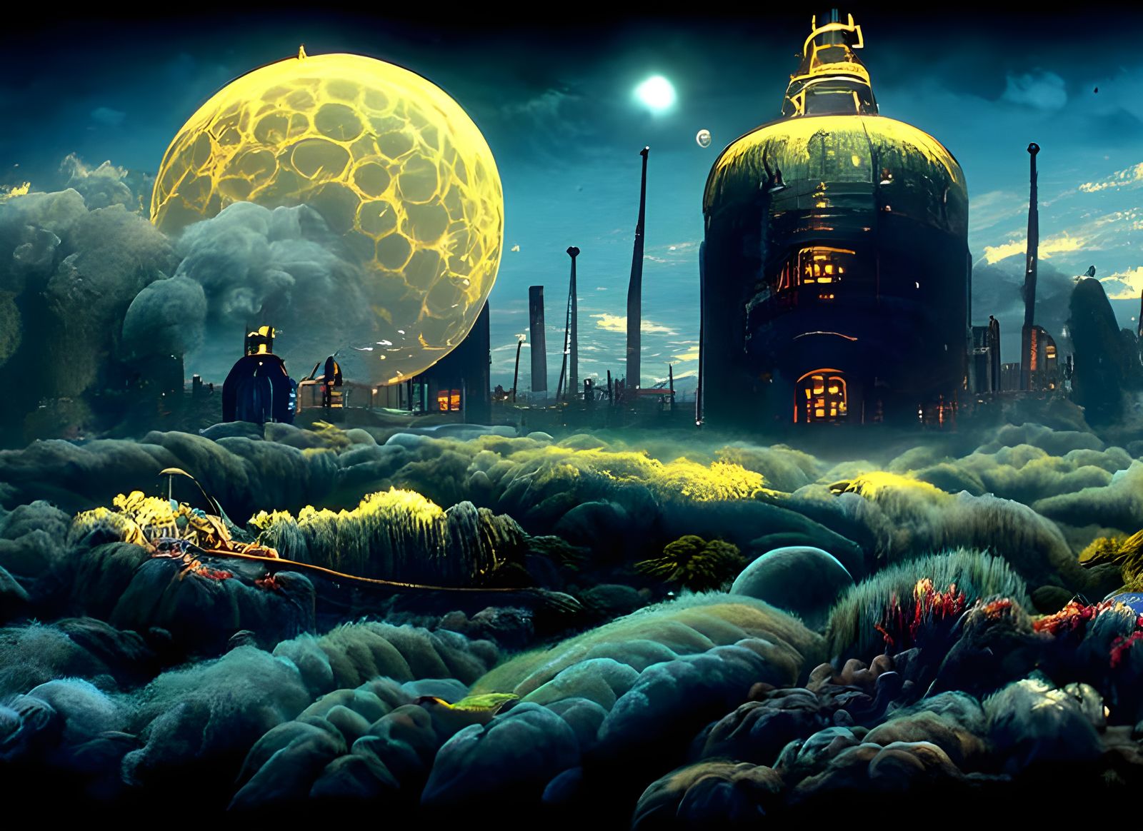 A beautifully strange photoillustration of a giant Factory at night ...