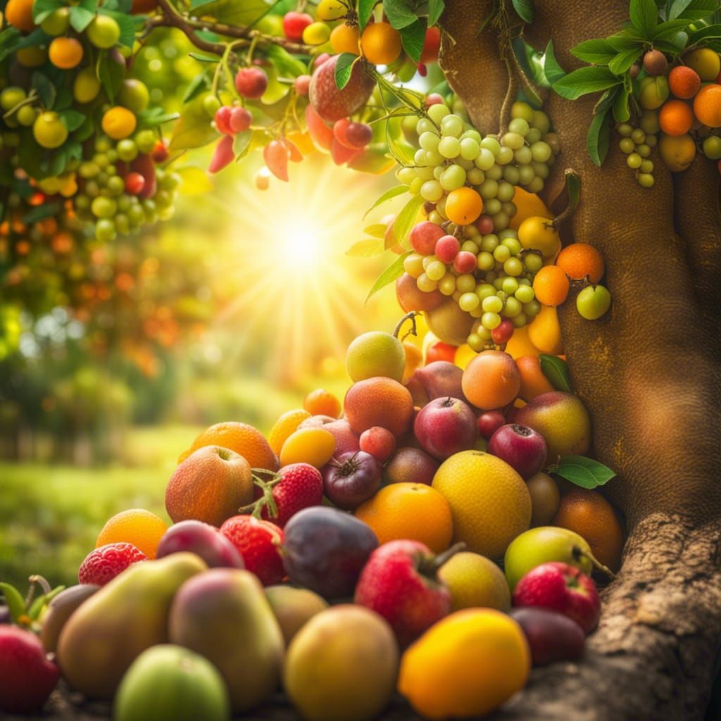 Tree of a thousand diverse fruits heavenly sunshine beams divine bright ...