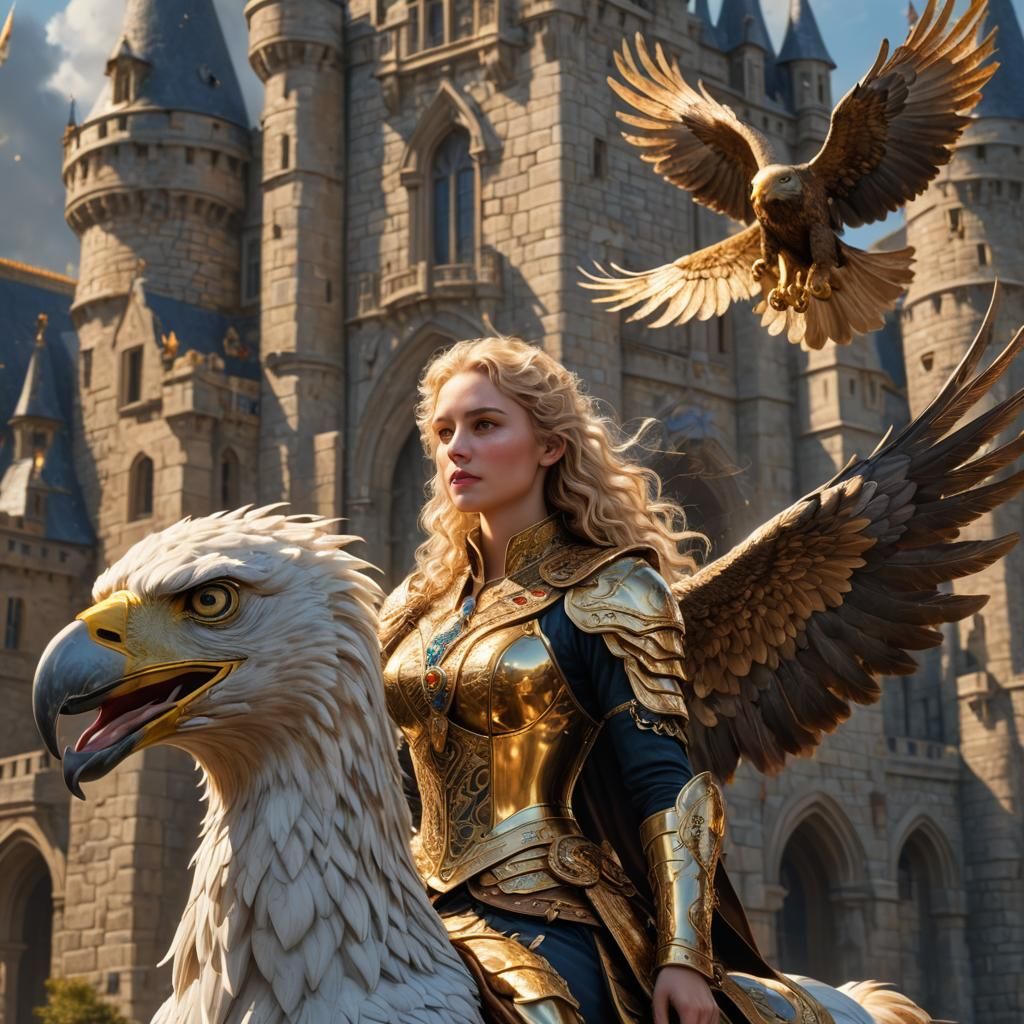 A princess riding a golden eagle flying over a castle - AI Generated ...