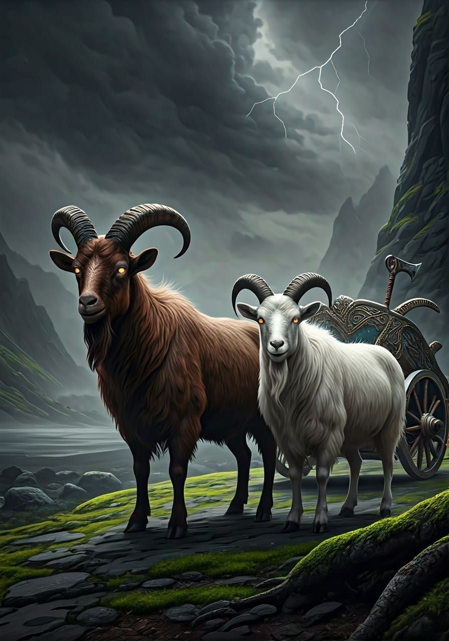 Norse Gods' Majestic Goats in Ancient Landscape - AI Art