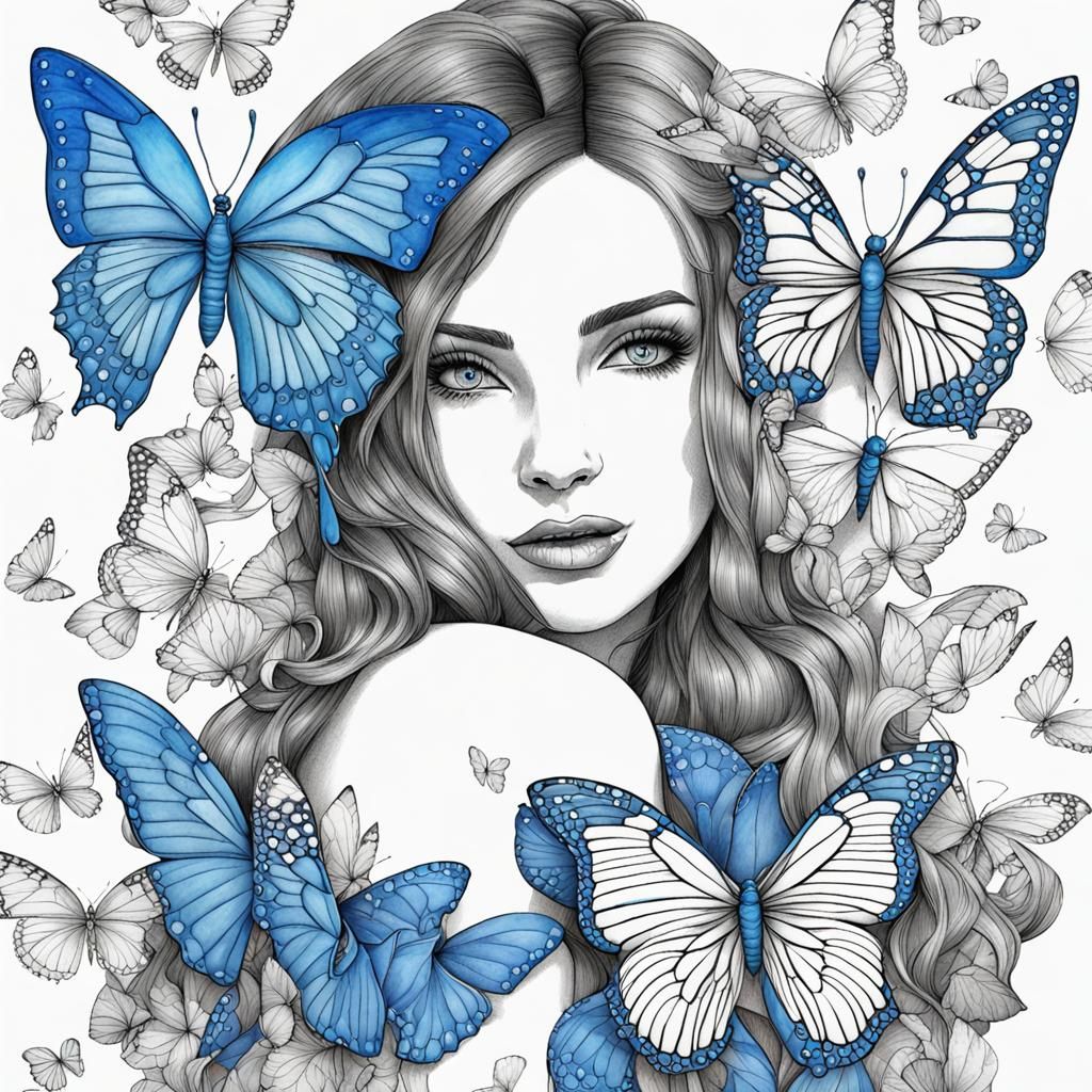 image a colorier femme et papillons bleus - AI Generated Artwork - NightCafe Creator