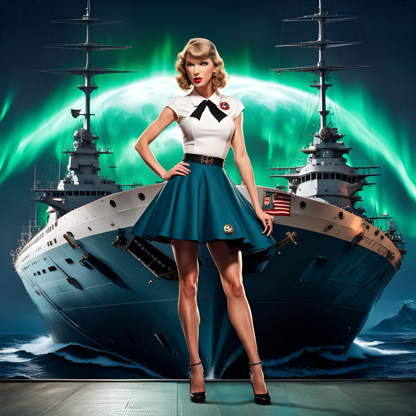 Pinup model 50's Taylor swift full body. warship background. dynamic ...