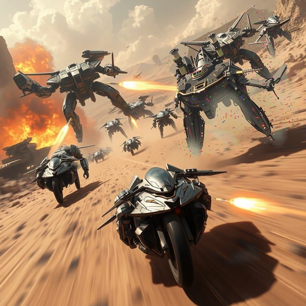 Hot pursuit army of MetalGearGunshipMechs dogfighting recon bikers