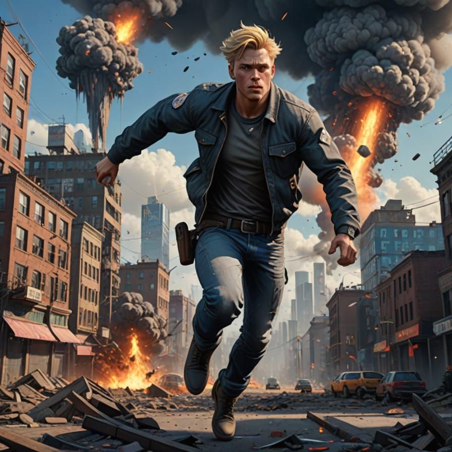 Hero Leaps Through Dystopian City Explosion in Vib... - AI Art
