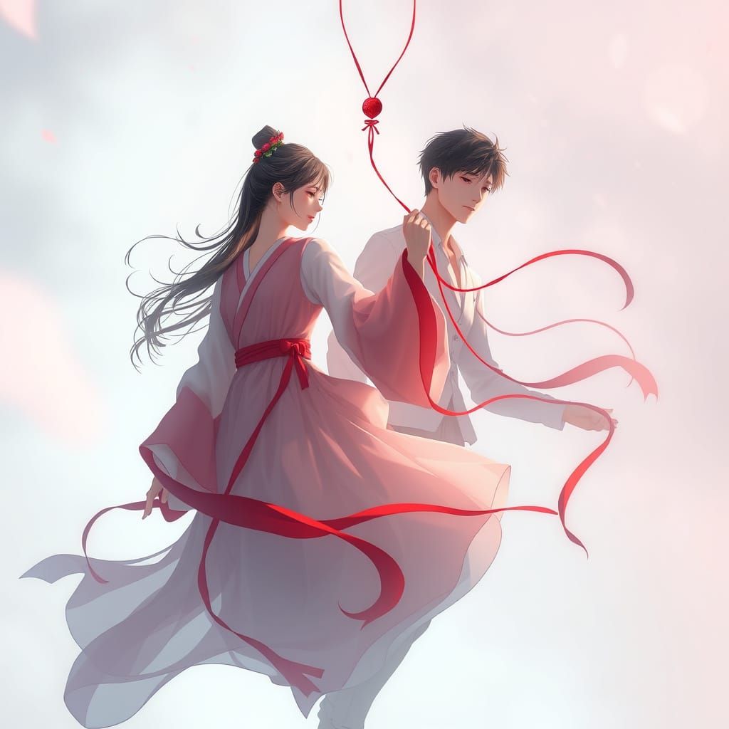 Woman and Man Bound by Crimson String in Dreamlike... - AI Art