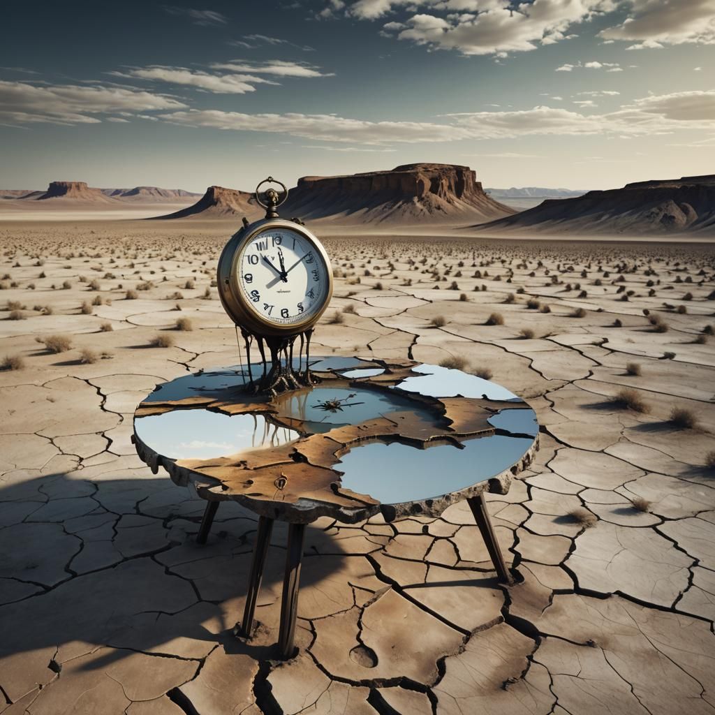 Surrealism: "A clock melting over the edge of a deserted table in a ...
