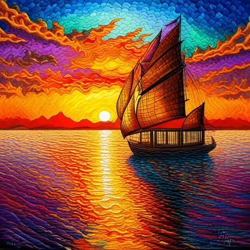 Old tramp steamer on fire sailing into tropical sunset,tight chop on ...