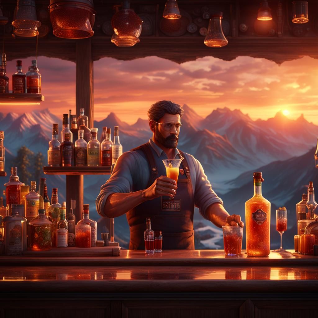 Bartender creating a drink in sunset in mountains - AI Generated ...