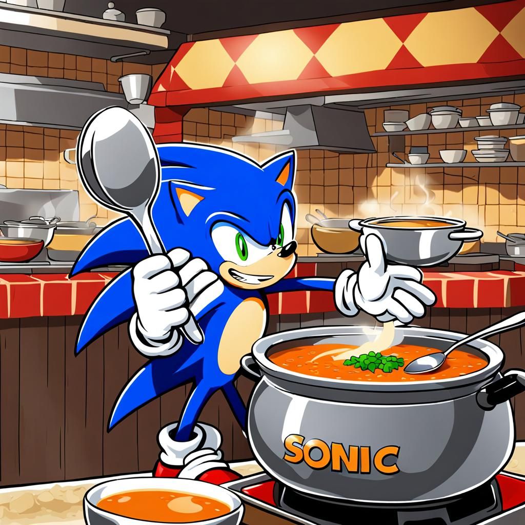 Sonic who is big is cooking a recipe at a restaurant and is moving his ...
