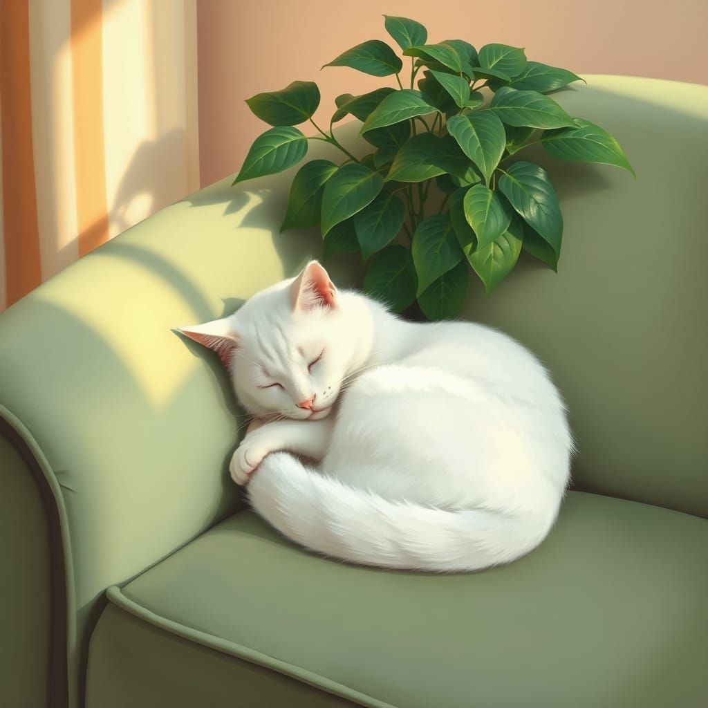 A minimalist oil painting of a white cat sleeping on a green sofa with ...