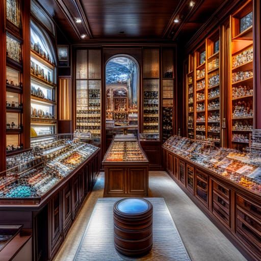 The inside of a crystal shop, with displays of many different types and ...
