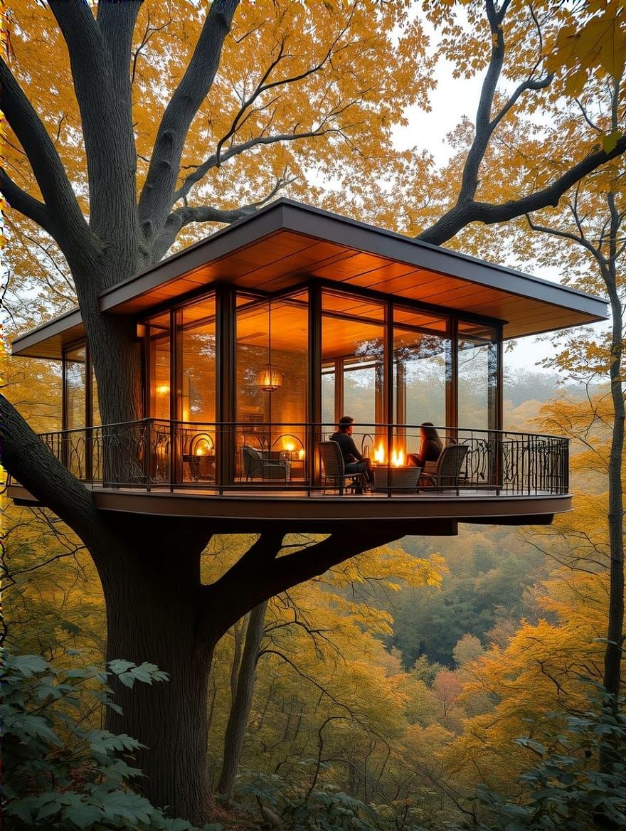 Modern Treehouse - Luxurious Autumn Treehouse with Glass Wal...