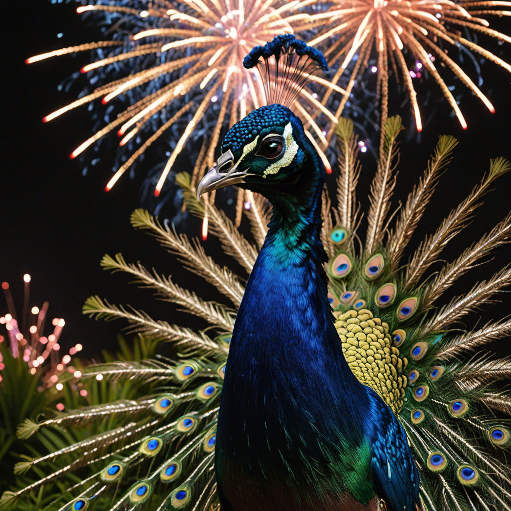 A peacock shines brightest during a fireworks display