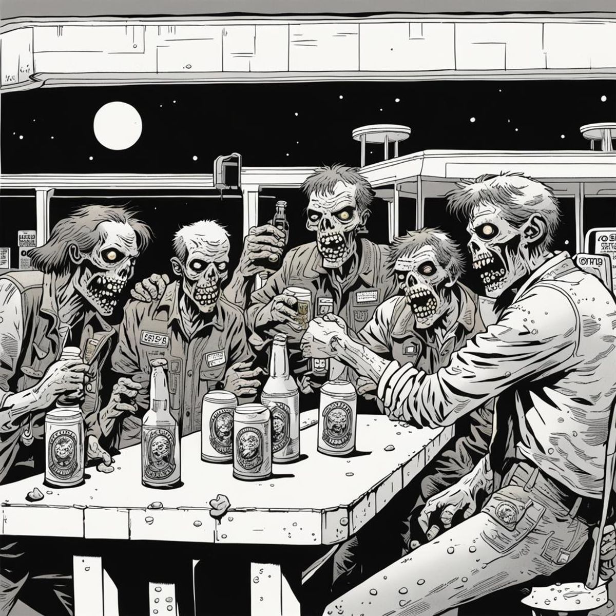 Comic by George Perez showing zombies drinking (BEER:1.3) at a gas station - AI Generated ...