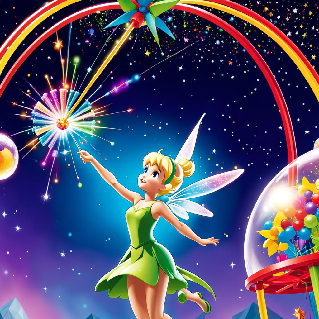 flying tinkerbell sprinkling pixie dust from her wand above multi-coloured k'nex dome - AI ...