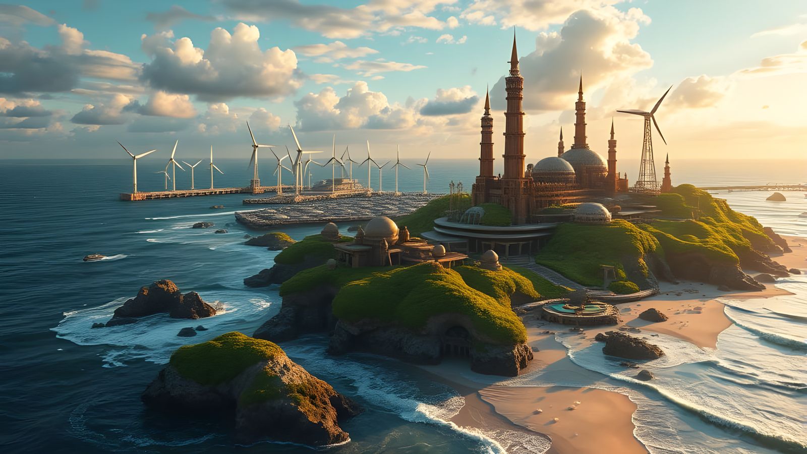 solarpunk offshore wind farm - Ethereal Solarpunk Metropolis...