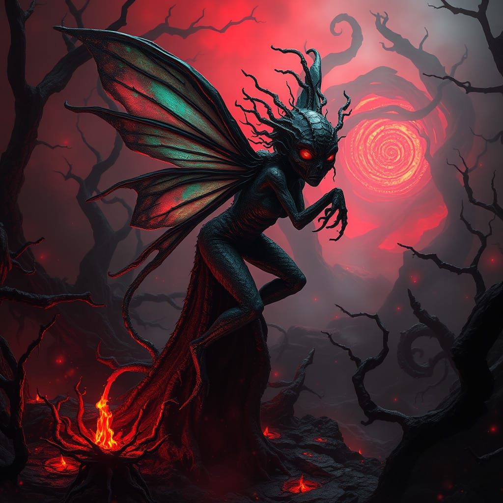 In a realm of dark, surreal horror, a twisted, iridescent fairy with ...
