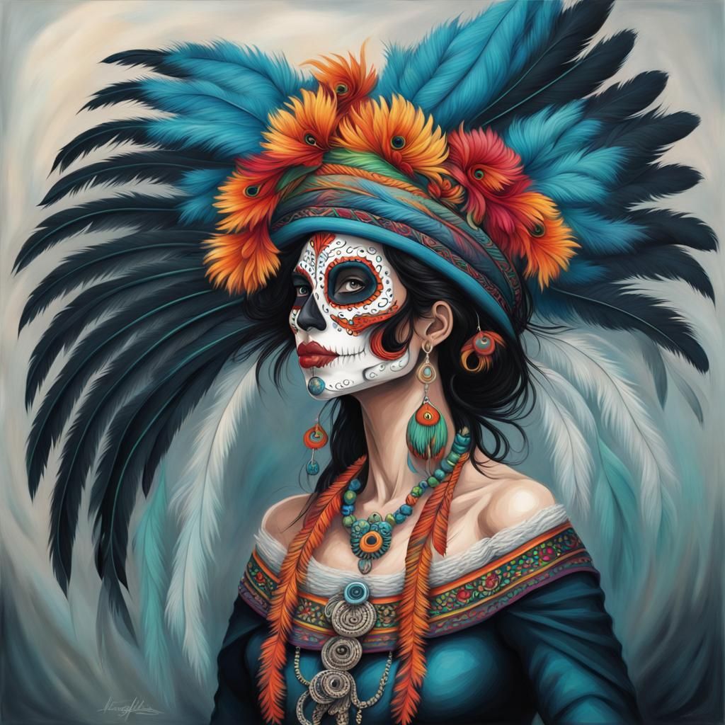 Majestic portrait of Catrina with a splendid plume with quetzal feather ...