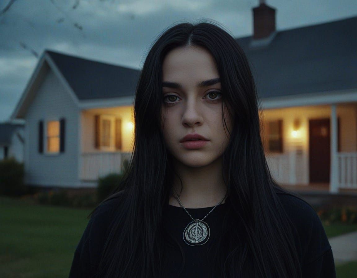 Mysterious zombie like young stocky female with long black hair, dark ...