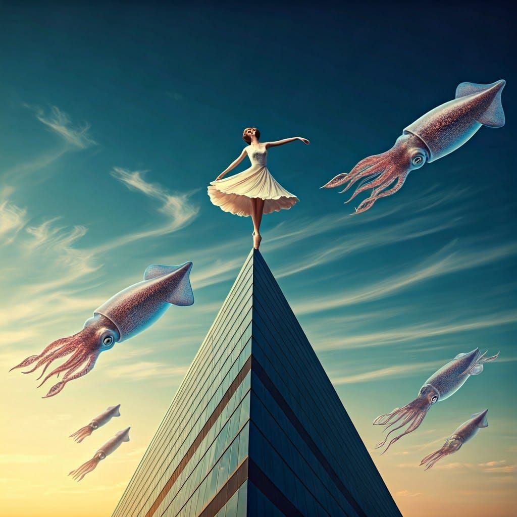 Flock of squids - Surrealist Squid Dance on a Futuristic Sky...