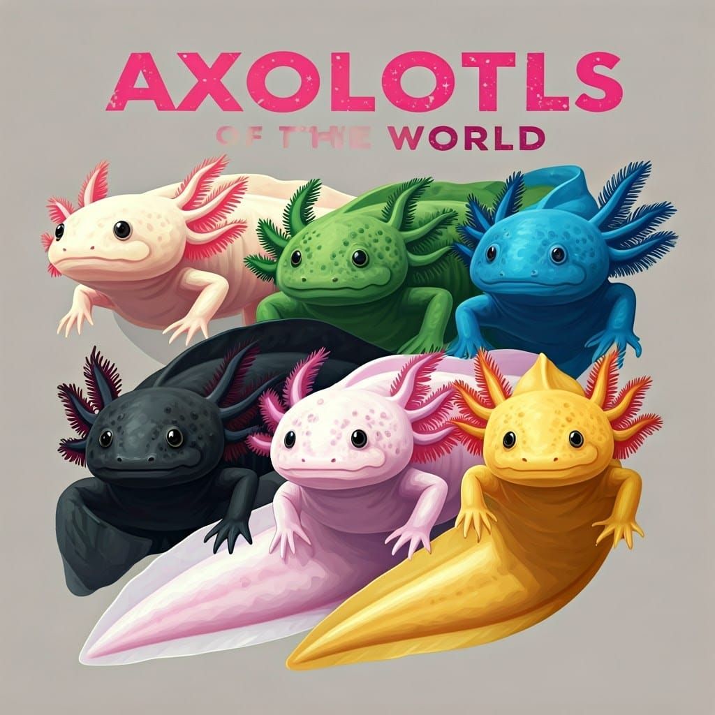 Vibrant Axolotls of the World in Whimsical Grid Il... - AI Art