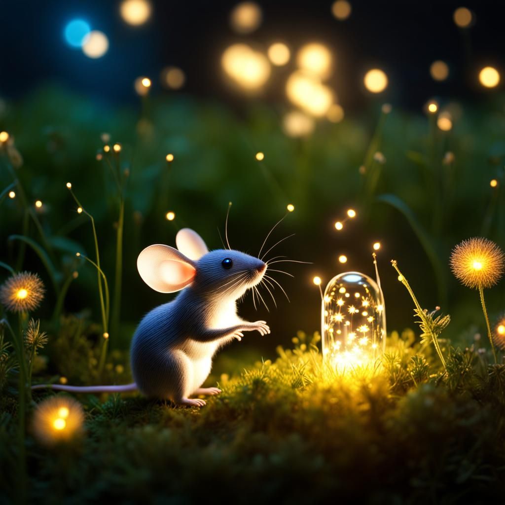 Photograph, Macro, fairy mouse with wings and glowing fireflies in the ...