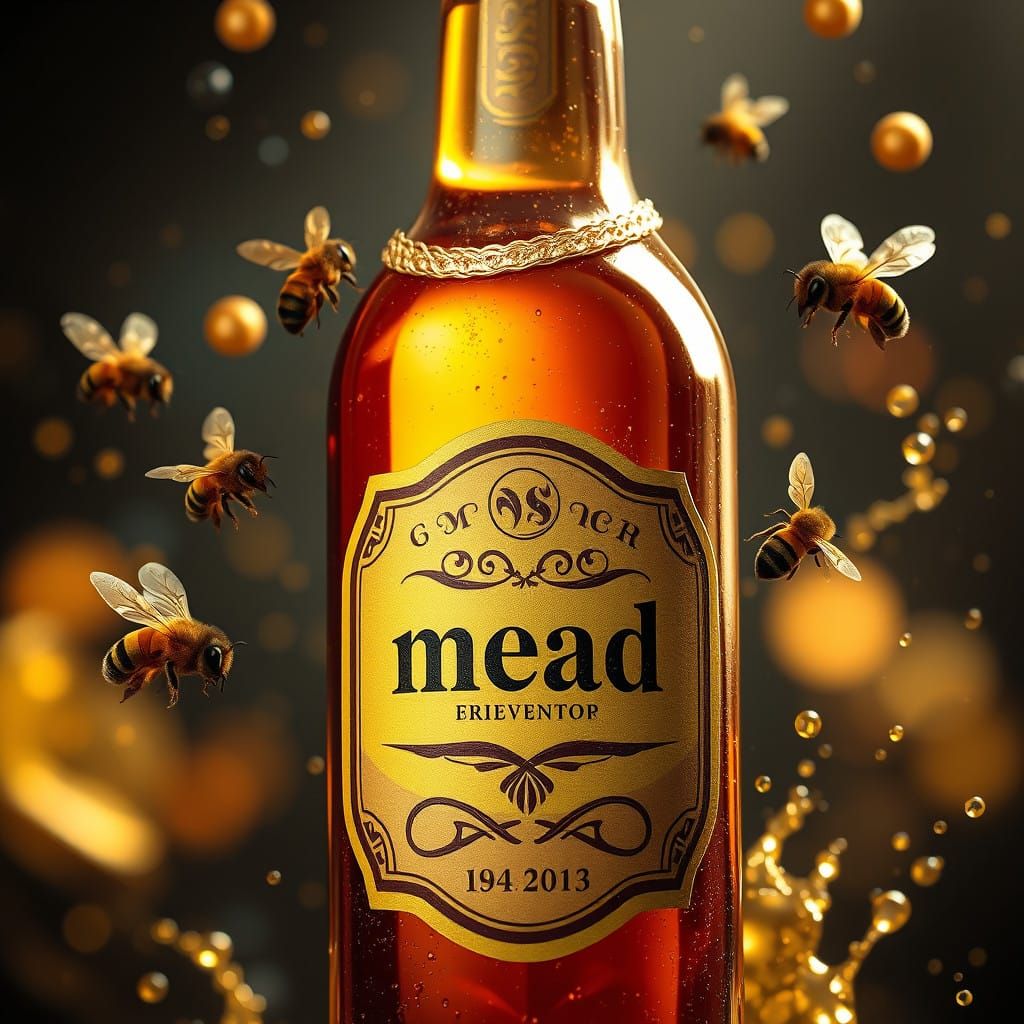 Mead Bottle Fantasy Scene with Bees - AI Art
