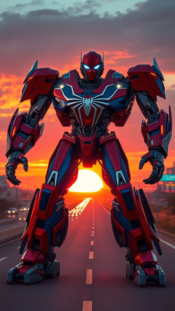 Cyberpunk Transformer Robot Dominates Vibrant Suns... - AI Art