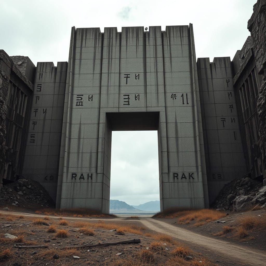 Neo-Brutalist Concrete Gate Inscribed with Cryptic... - AI Art